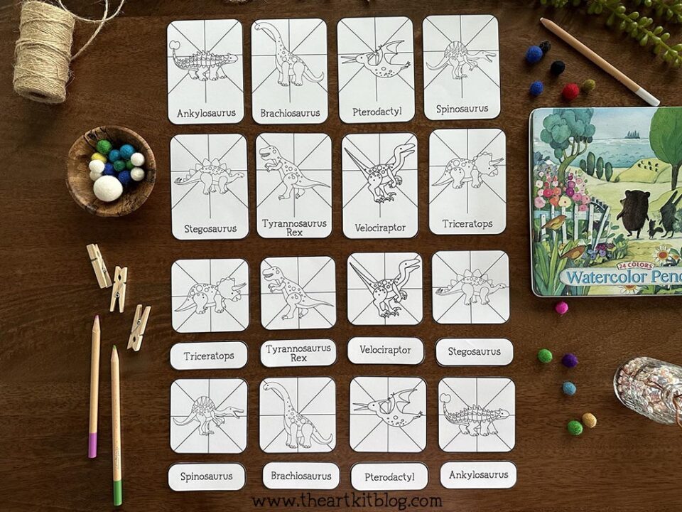 Dinosaur 3 Part Card Coloring Pages {FREE PRINTABLE DOWNLOAD} - The Art Kit