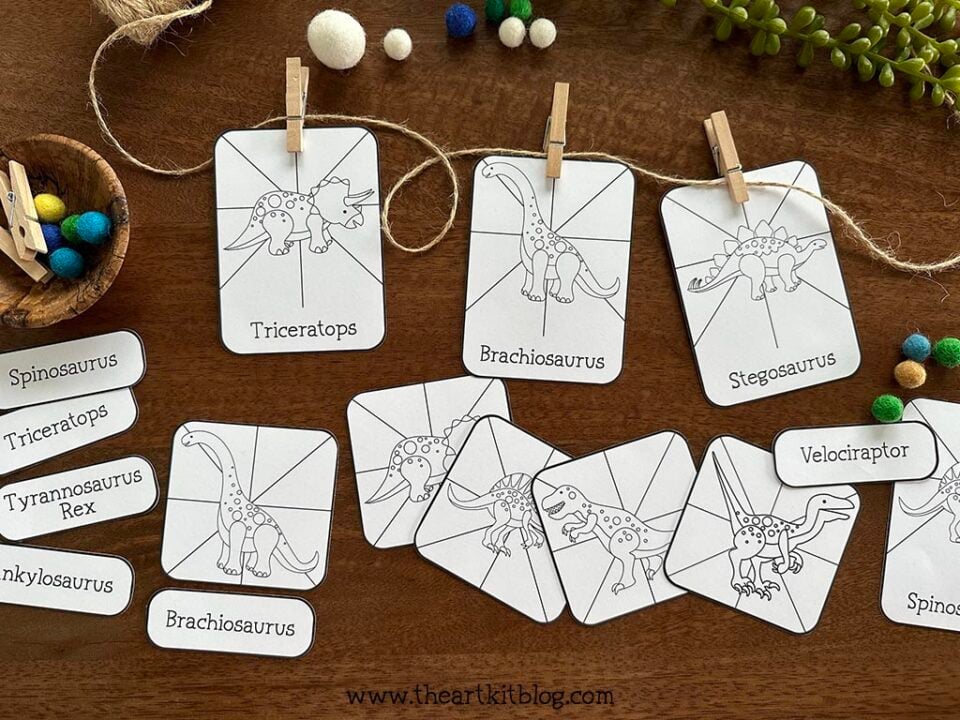 Dinosaur 3 Part Card Coloring Pages {FREE PRINTABLE DOWNLOAD} - The Art Kit