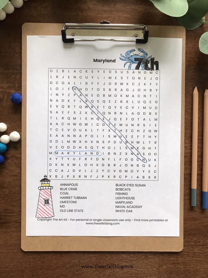 Maryland Word Search Coloring Page {FREE Printable Download!} - The Art Kit