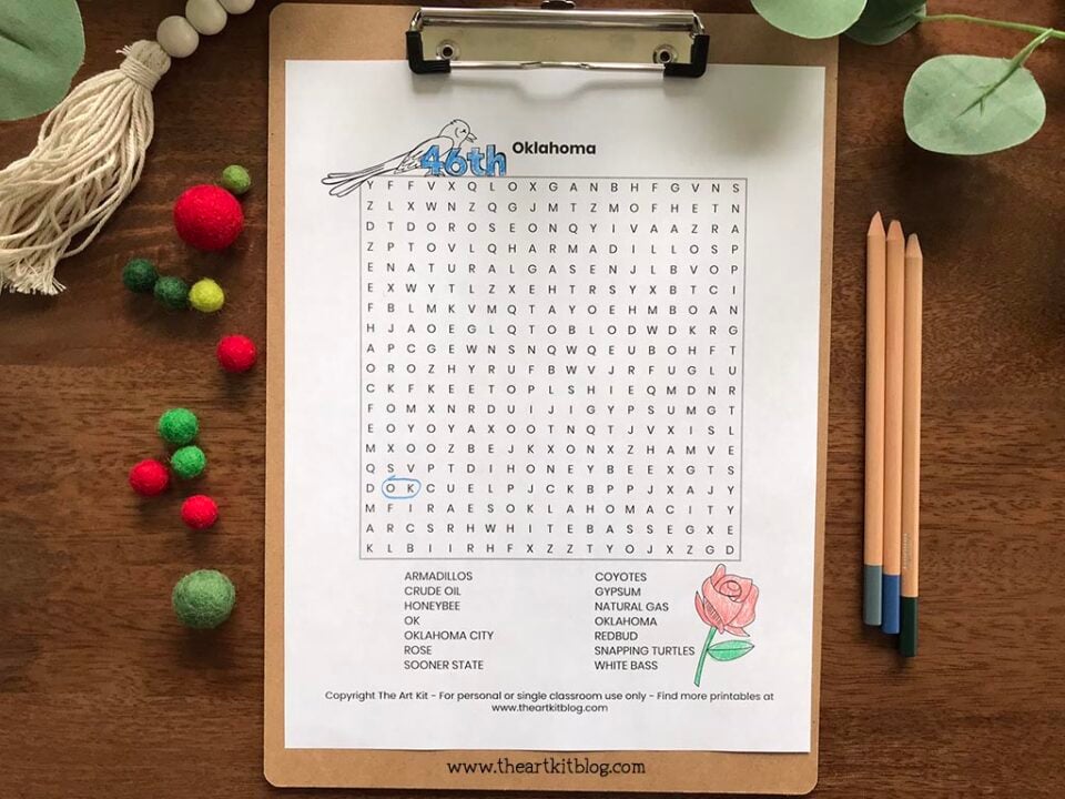 Oklahoma Word Search Coloring Page {FREE Printable Download!} - The Art Kit