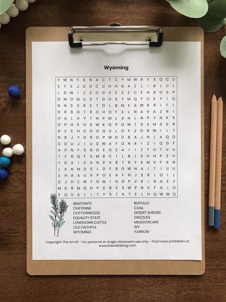 Wyoming Word Search Coloring Page {FREE Printable Download!} - The Art Kit