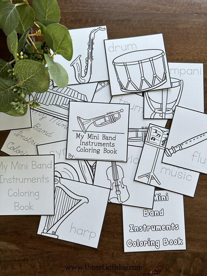 FREE Printable Band Instruments Mini Coloring Pages - The Art Kit