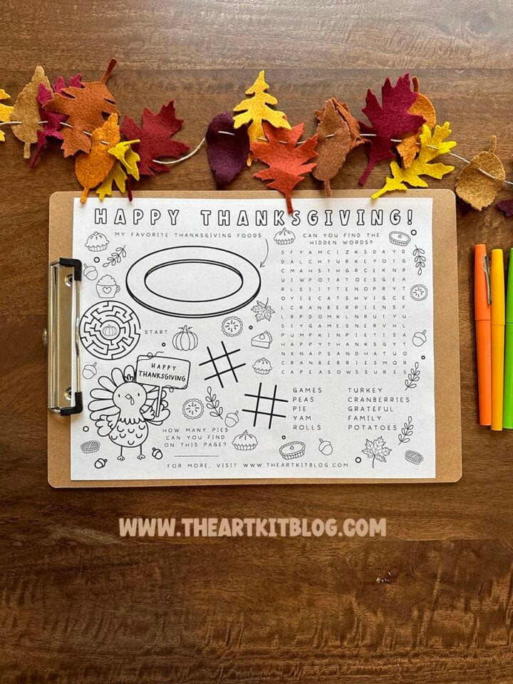 Free Printable Thanksgiving Placemat Activity Sheet for Kids - The Art Kit