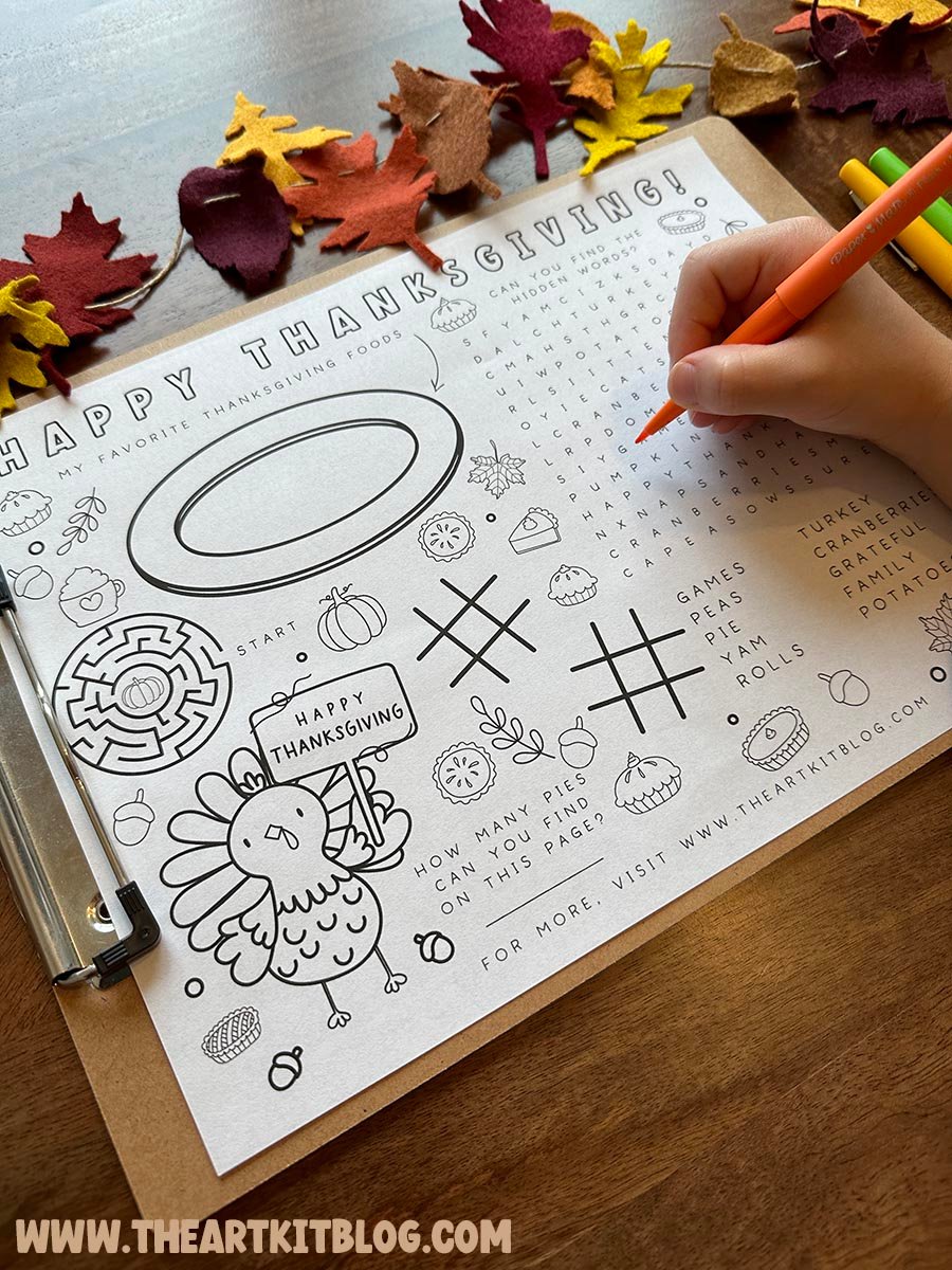 Free Printable Thanksgiving Placemat Activity Sheet for Kids - The Art Kit