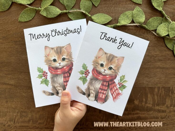 Christmas Cat Merry Christmas + Thank You Greeting Cards - FREE Printable - The Art Kit