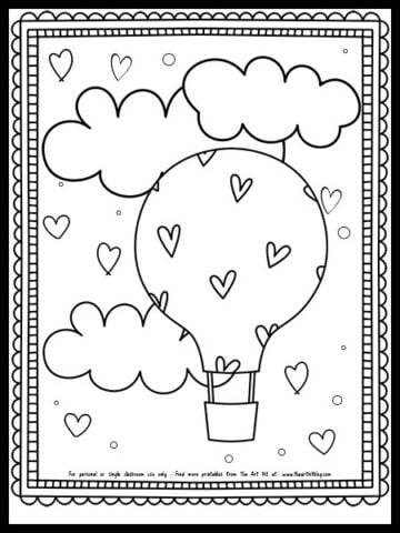 Cute Hot Air Balloon Coloring Page with Clouds and Hearts {FREE ...