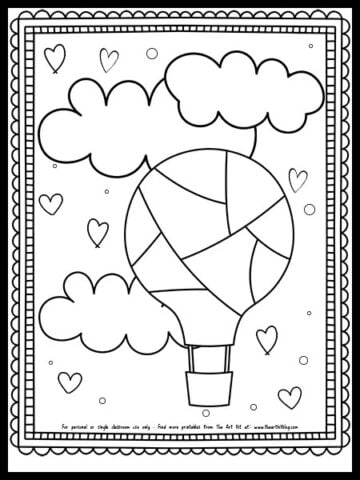 Hot Air Balloon Coloring Page with Clouds and Hearts {FREE PRINTABLE ...