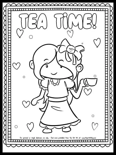 Cute Tea Time Girl Coloring Page Free Printable The Art Kit 