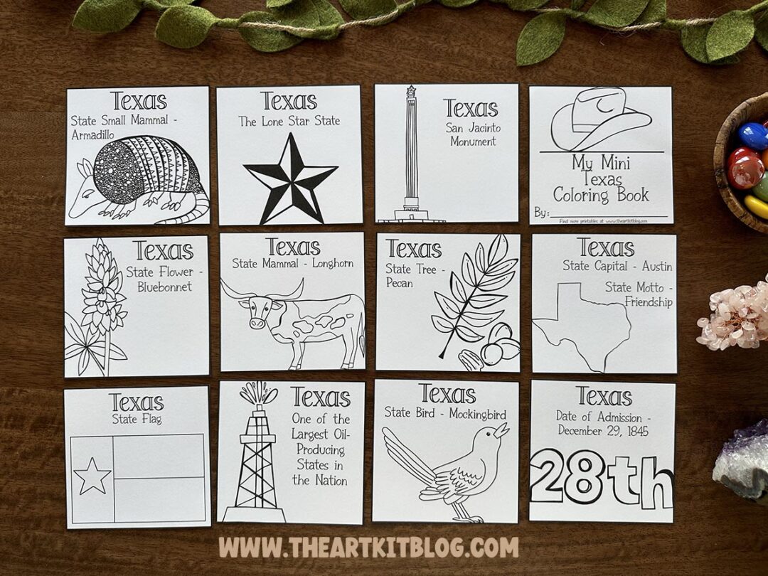 Texas Mini Coloring Pages USA 50 States {FREE Printable!} - The Art Kit