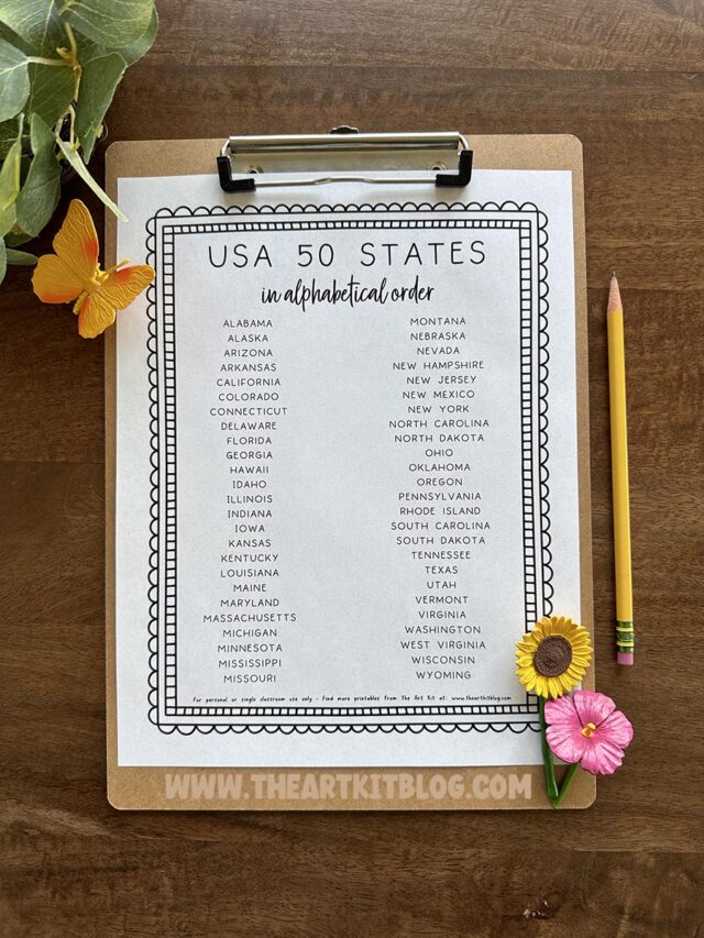 USA 50 States Alphabetical Order FREE Printable - The Art Kit