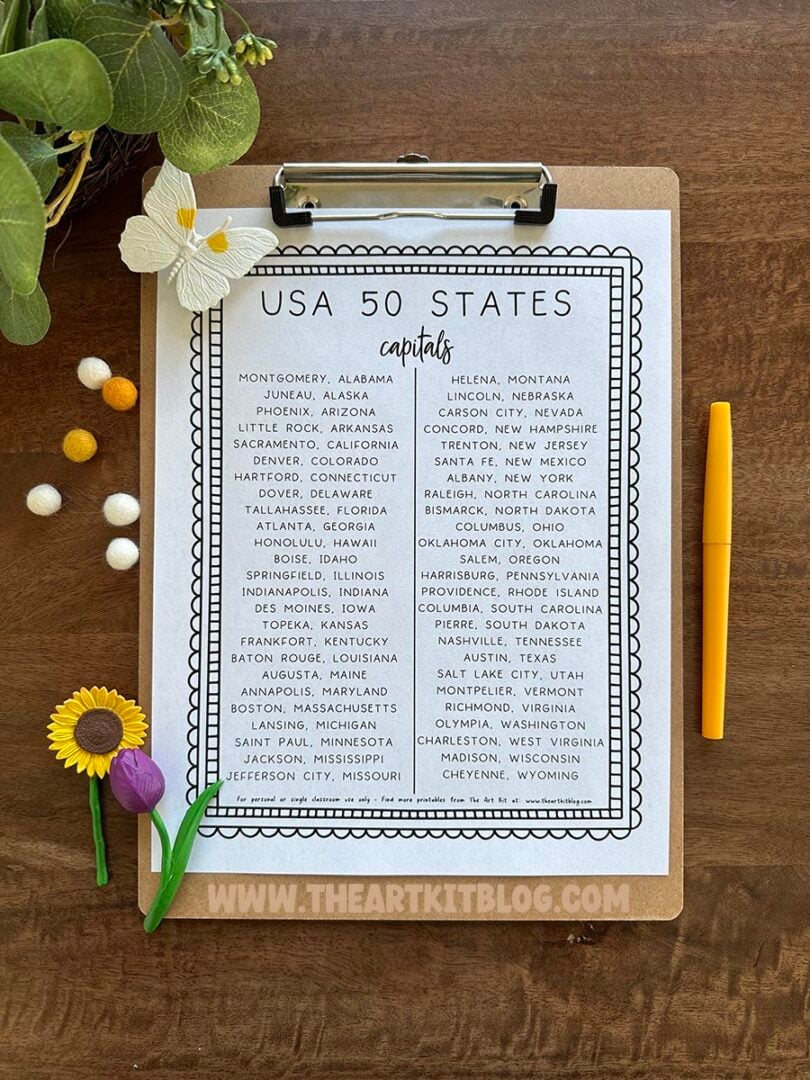 USA 50 States Capitals! Alphabetical Order FREE Printable - The Art Kit