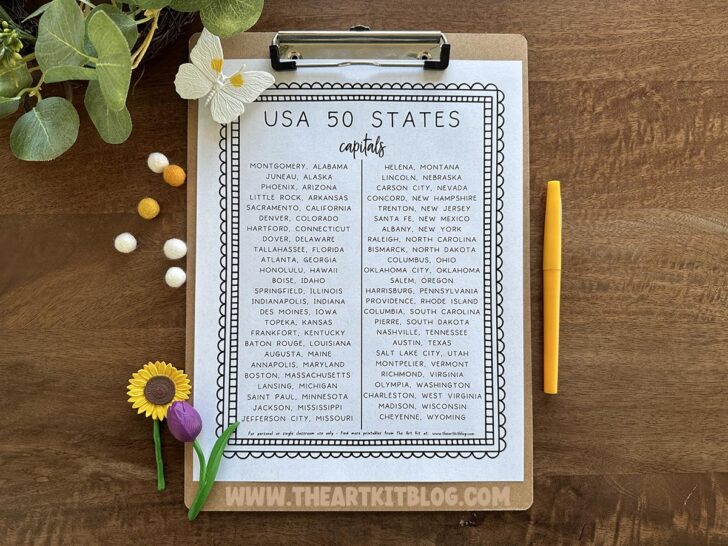 USA 50 States Capitals! Alphabetical Order FREE Printable - The Art Kit