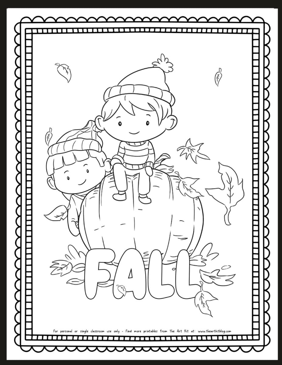 Fall Kids with Pumpkin Coloring Page Free Printable - The Art Kit