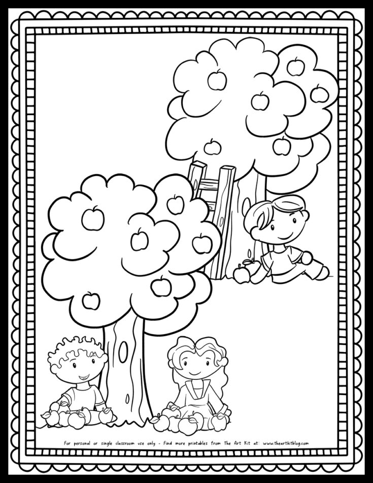 Kids Eating Apples Under Apple Trees Coloring Page Free Printable - The ...