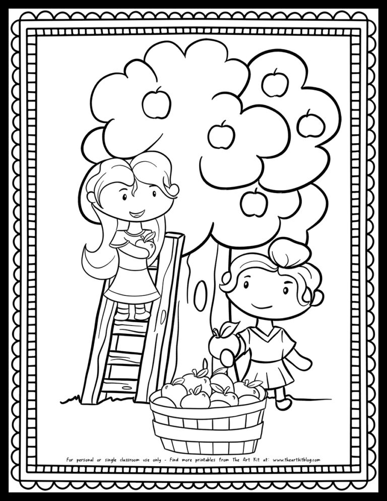 Children Picking Apples in Apple Orchard Coloring Page Free Printable ...