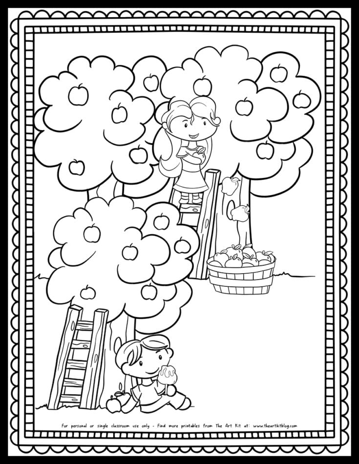 Children in the Apple Orchard Eating Caramel Apple Coloring Page Free ...
