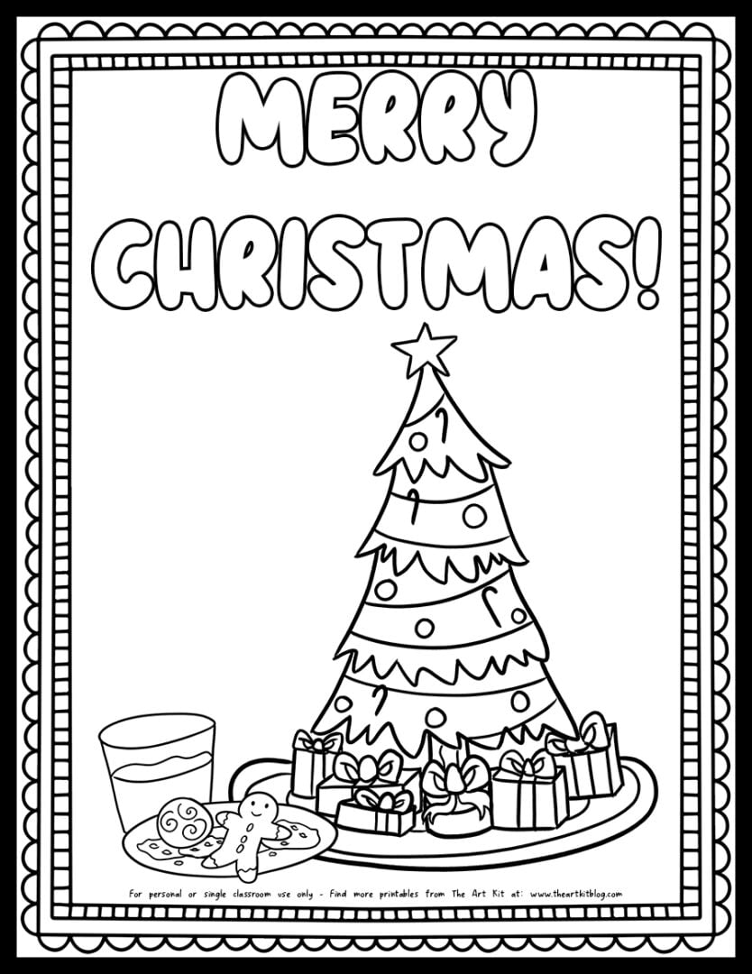 Merry Christmas Tree with Plate of Cookies and Milk Coloring Page Free ...