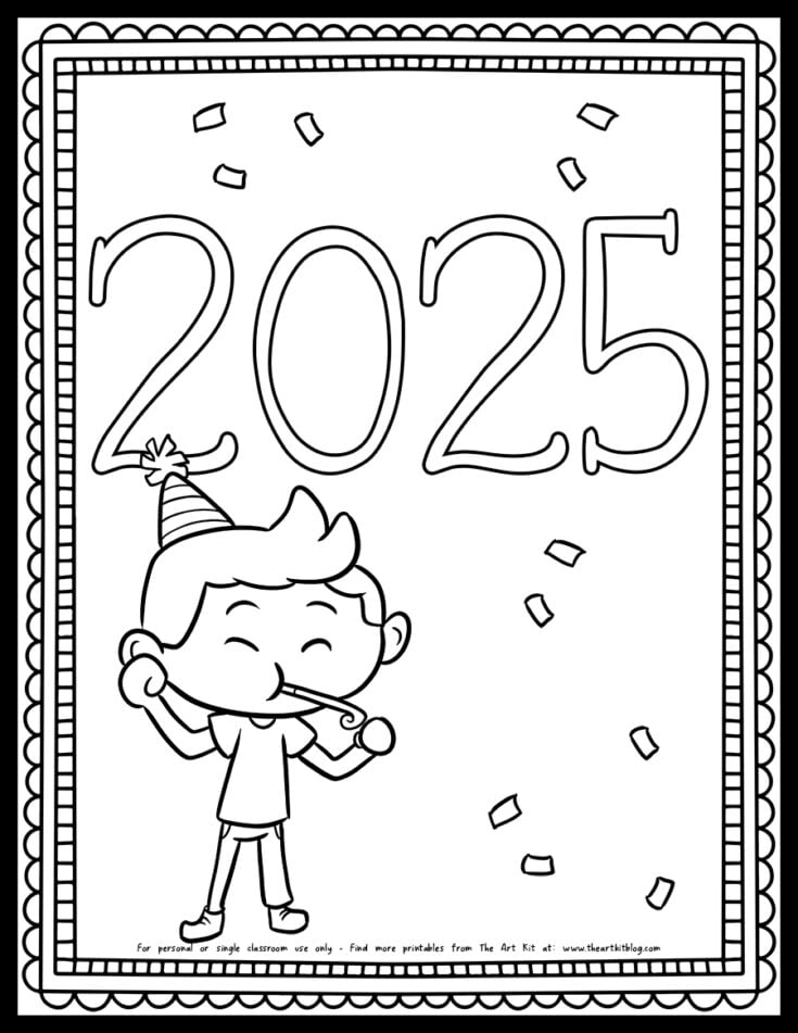 2025 New Year Party Coloring Page with Boy and Confetti Free Printable ...
