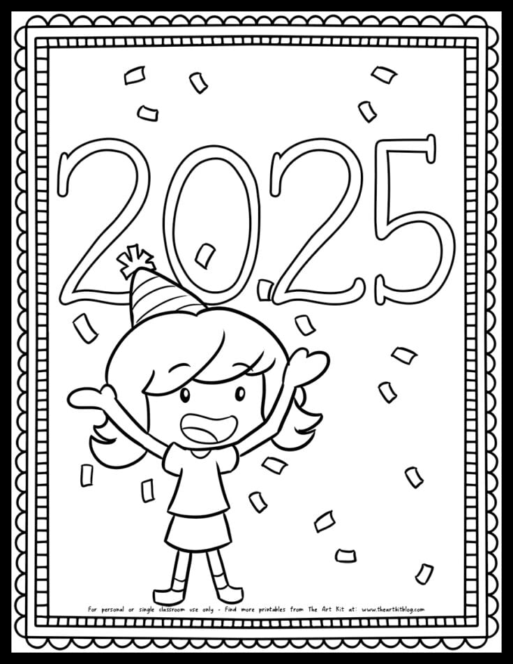 2025 New Year Party Coloring Page with Girl and Confetti Free Printable ...
