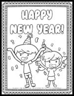 Happy New Year Coloring Page with Girl, Boy, and Confetti Free ...