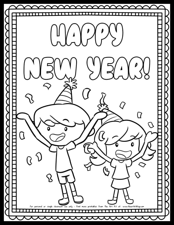 Happy New Year Coloring Page with Girl, Boy, and Confetti Free ...