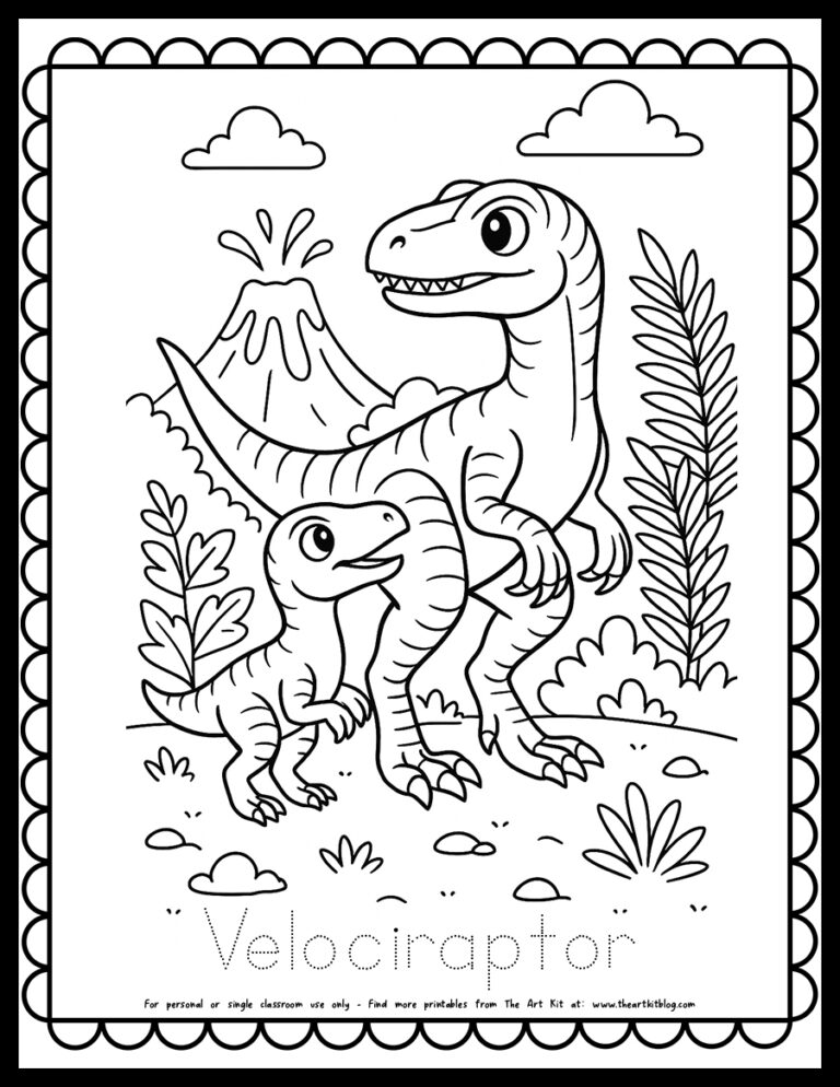 FREE! Velociraptor Dinosaur Coloring Page Printable - The Art Kit