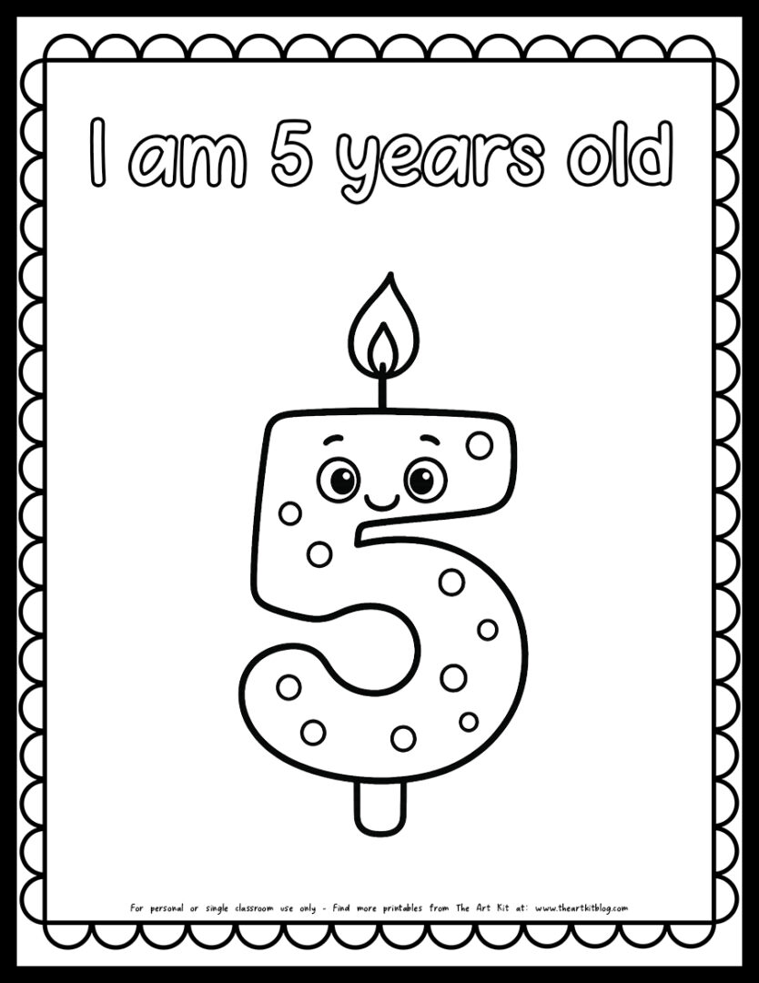 Printable 5th Birthday Cake Candle Coloring Page, Bubble Font - The Art Kit