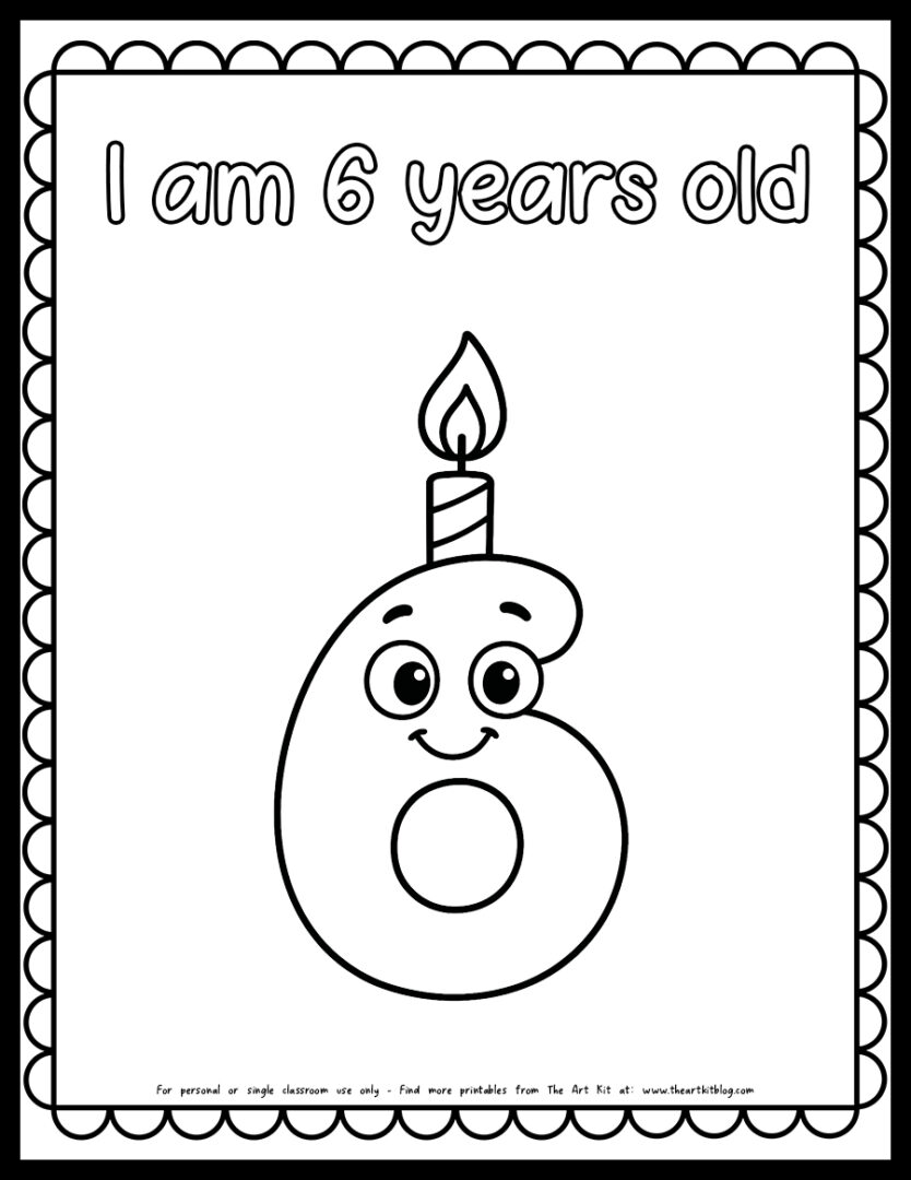 Printable 6th Birthday Cake Candle Coloring Page, Bubble Font - The Art Kit