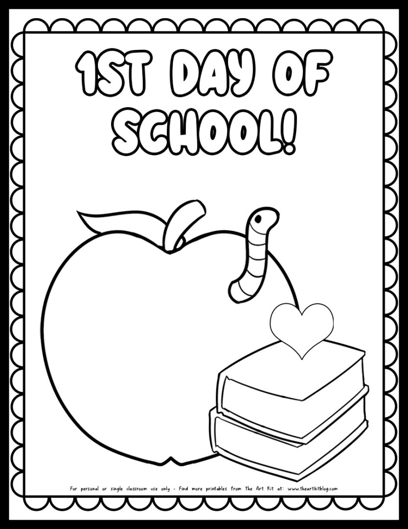 Free First Day of School Coloring Page – Apple, Worm, and Books! - The ...