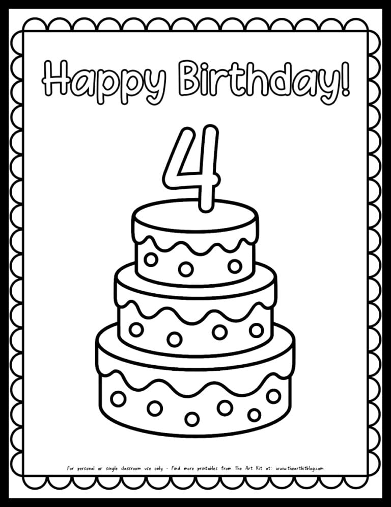 FREE! Happy 4th Birthday Cake Coloring Page - The Art Kit