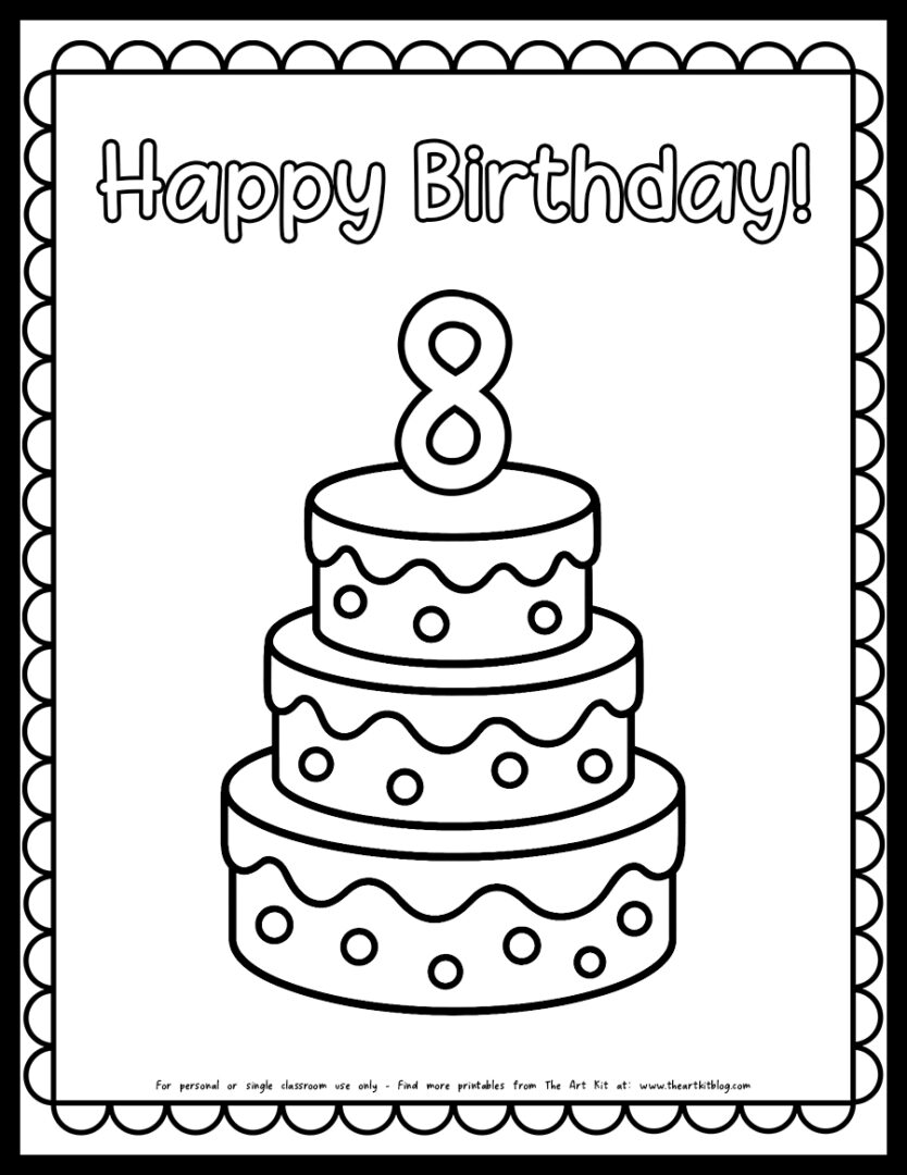CUTE! Printable Happy 8th Birthday Cake Coloring Page - The Art Kit